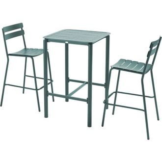 Oviala Oviala - Table haute de terrasse avec 2 chaises en aluminium vert fonc&eacute;