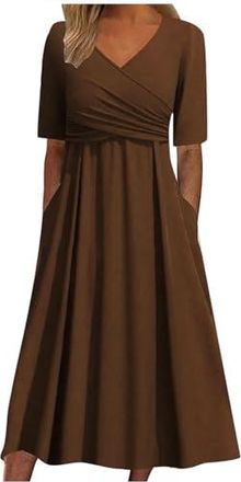 Generic Robe Longue Femme Manches Courtes- Robe Grande Taille Col en V Pliss&eacute;e Crois&eacute;e sur Le Devant D&eacute;Contract&eacute;e Couleur Unie avec Poches Comfortable Simple 