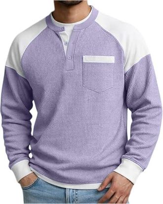 Generic T-shirts gaufr&eacute;s pour homme avec demi-boutons Henry - Manches longues - Col en V - Grande taille - Doux et respirant - Costume de sport pour cadeaux q