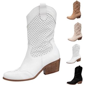 Generic Bottes de cowgirl pour femme - Bottes de cowboy à hauteur du genou - Bottes de cowboy à mollet large - En daim - À enfiler - Talon épais - Bout pointu