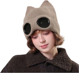 Generic M&uuml;Tze Bonnet dhiver pour femme - Coupe-vent - Avec oreilles de chat et verres int&eacute;gr&eacute;s - Chapeau tendance, kaki, taille unique