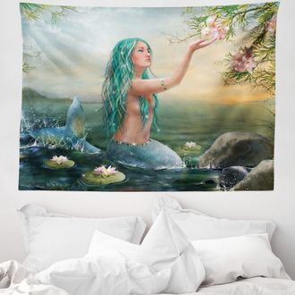 Abakuhaus Meerjungfrau Wandteppich und Tagesdecke, Meerjungfrau und Magnolias, aus Weiches Mikrofaser Stoff Waschbar mit Klaren Farben, 150 x 110 cm, Pale Sea G