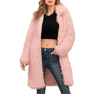 Generic Manteau long en peluche pour femme - Veste chaude et bouffante - Manches longues - Style d&eacute;contract&eacute; - Faux manteau chaud, rose, XL