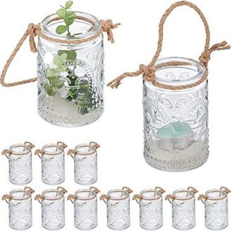 Relaxdays Windlicht, 12er Set, Glas mit Henkel, innen & außen, 10,5 x 7 cm, Hochzeit Teelichthalter, transparent/braun