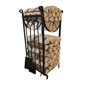 Relaxdays Kaminholzregal mit Kaminbesteck, 2 Ebenen, Feuerzange, Kaminbesen, Ascheschaufel, Holzlager, Eisen, schwarz