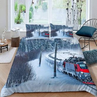 Generic Bettw&auml;sche 155x220 Winterliche Schneelandschaft Bettw&auml;sche-Sets Zug Bettbezug mit Rei&szlig;verschluss 3D Weiche Mikrofaser Bettbez&uuml;ge mit 2 Kissenbez&uuml;ge 80