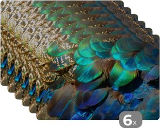 MuchoWow Placemats Platzdeckchen Platzset Tischset 6-teilig Tischdeko Untersetzer 45x30 cm Federn - Pfauenfedern - Pfau - Blau - Kunst