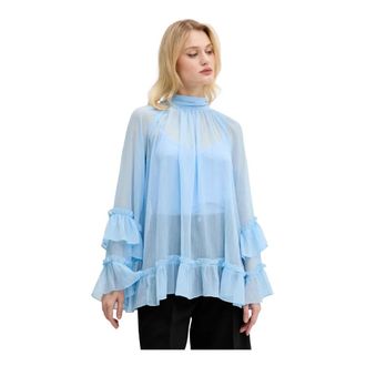 Never Fully Dressed Blouse &agrave; col haut et volants - Femme - Blouses et Chemises - Bleu - Taille: 42 FR