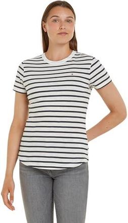Tommy Hilfiger T-Shirt Manches Courtes Femme 1985 Slub Slim Fit, Multicolore (Breton Ecru/Desert Sky), XL