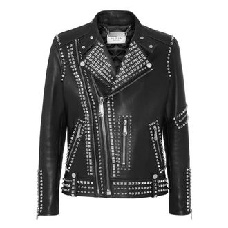 Philipp Plein Homme, Vestes, Noir, Taille: 2XL Leather Biker Studs