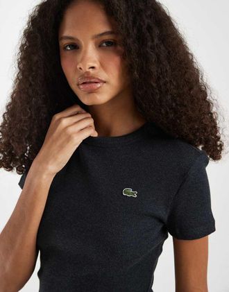 Lacoste geripptes Baumwoll-T-Shirt in Anthrazit-Grau