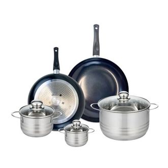 Fackelmann ELO 9739150 Batterie de cuisine 5 pièces, Ensemble de 2 Poêles de cuisson 28 et 32 cm et 3 faitouts 12, 16 et 24 cm Elo Prima Brillant, inox, inductio