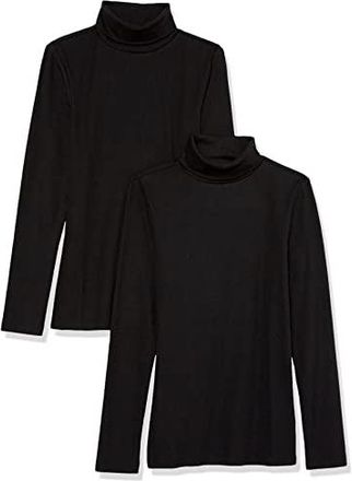 Amazon Essentials Haut à col roulé et Manches Longues, Effet superposé, en Maille côtelée, Coupe ajustée (Disponible en Grandes Tailles) Femme, Lot de 2, Noir, XS