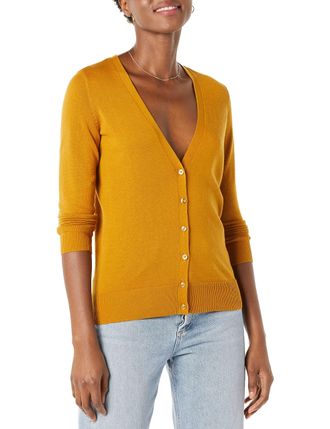 Amazon Essentials Damen Leichter Cardigan mit V-Ausschnitt (in Übergröße erhältlich), Karamell, L