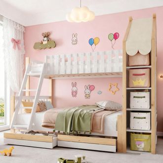 Generic Etagenbett 90x200 cm + 140x200 cm, mit Bettgittern, Hausleiste, Leiter & 2 Schubladen - Unregelmäßiger Zaun, Weiß/Natur, ohne Matratze