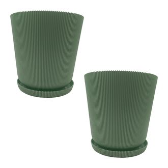 Relaxdays Blumentopf, 2er Set, Pflanztopf mit Untersetzer, Rillen, H x D: 20 x 20 cm, Kr&auml;utertopf, Kunststoff, Salbei