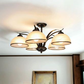 Licht-Erlebnisse Deckenleuchte Glas Metall in Messing Antik Wei&szlig; Esstisch Wohnzimmer B:64 cm E27 wohnlich blendarme Landhaus Deckenlampe K&uuml;che KORFU