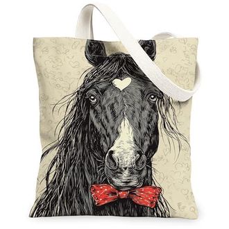Generic Sacs fourre-tout vintage en toile motif animal artistique, sacs d&eacute;picerie r&eacute;utilisables, l&eacute;gers et lavables avec bandouli&egrave;re en toile, noir, 13x15 Inc