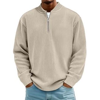 Generic DENGJIAMY Sweat-shirt &agrave; rayures verticales pour homme avec fermeture &eacute;clair 1/4, beige, 3XL
