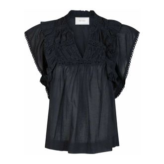 Neo Noir Chemisier en Voile Marine avec D&eacute;tails &agrave; Volants - Femme - Blouses et Chemises - Bleu - Taille: 40 FR