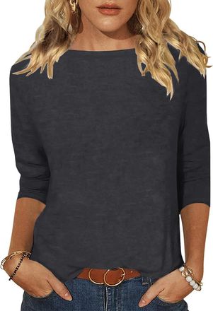 Minetom Tshirt Damen 3/4 Arm Shirt U-Boot Ausschnitt Leichte Pullover Tops Basic Oberteil Sommer Herbst A Schwarz XL z
