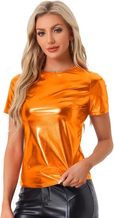 Allegra K Damen Party Metallic Strukturiertes Kurzarm Gl&auml;nzendes Multicolor TopOrange Medium