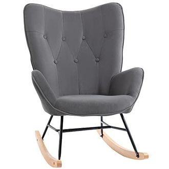 HOMCOM Fauteuil &agrave; Bascule, Rocking Chair, Fauteuil Allaitement Confortable avec Structure en Bois Massif et m&eacute;tal pour Salon, Chambre, Balcon, Velours Gris f