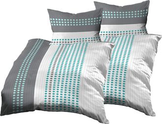 Gerald Wittmann 4teilig Bettw&auml;sche-Set 2X 140x200 cm + 2X 70x90 cm, Baumwolle Seersucker, Gepunktet Streifen Grau T&uuml;rkis Wei&szlig;