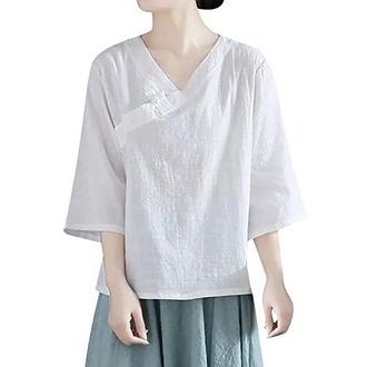 Generic Chemises d&eacute;t&eacute; en coton et lin pour femme, t-shirt chinois &agrave; manches cinq points, coupe ample et confortable, col en V, blanc, XXL