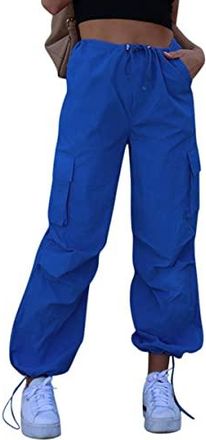 Onsoyours Pantalon Cargo Femme Baggy Pantalon Multi-Poche &Eacute;lastiqu&eacute;e Straight Trousers Y2K Parachute Track Pants Streetwear Casual Printemps Et&eacute; A Bleu M
