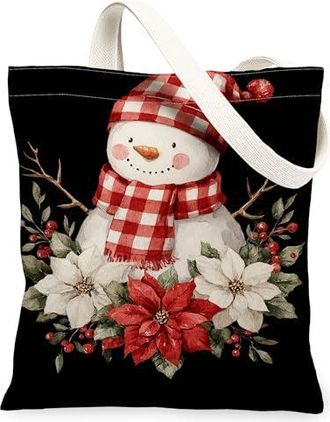 Generic Sacs fourre-tout en toile motif bonhomme de neige, sacs de courses r&eacute;utilisables, l&eacute;gers et lavables avec bandouli&egrave;re, Noir/blanc, 13x15 Inch