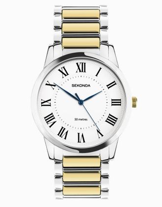 Sekonda Beaumont - Klassische Herrenuhr mit zweifarbigem Armband aus Goldoptiklegierung und wei&szlig;em Zifferblatt, 40 mm-Silber