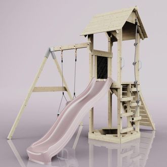 REBO Spielturm mit Wellenrutsche und Kinder-Schaukel, Outdoor Kletterger&uuml;st Garten,Altrosa