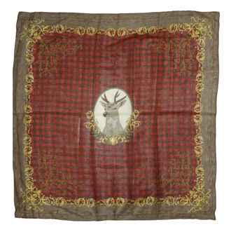 TigerTie Halstuch dunkelrot weinrot schwarz gr&uuml;n gold grau braun kariert mit Hirschmotiv