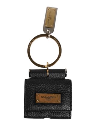 Dolce & Gabbana Mens Black Leather Strap Gold Metal Logo Plaque Airpods Case Accessory