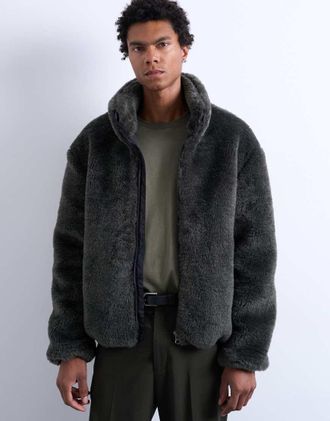 Topman Veste zipp&eacute;e en fausse fourrure &agrave; col chemin&eacute;e - Gris fonc&eacute;