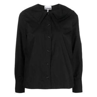 Ganni Doppelkragen Schwarze Popelinebluse - - Blouses & Shirts - Damen - Schwarzk - S