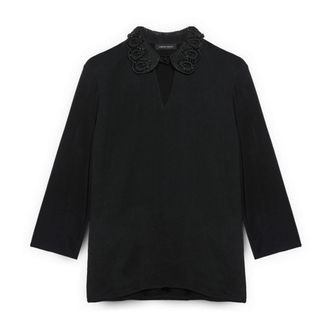 Fiorella Rubino T-Shirt aus zwei Materialien mit edlem Kragen - - Blouses & Shirts - Damen - Schwarzk - S