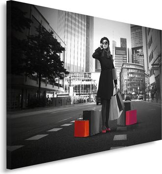 Feeby Frames Leinwandbild, Bilder, Wand Bild, Wandbilder, Kunstdruck 40x60cm, MODERNE, FRAU, EINKAUFEN, EINE FARBE, SCHWARZ UND WEIß, ROT