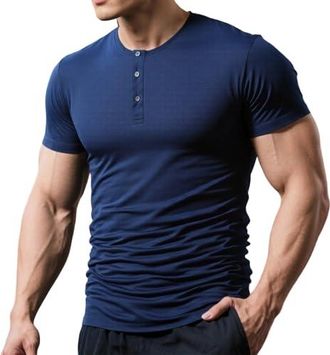 Generic Henley Chemise extensible l&eacute;g&egrave;re &agrave; manches courtes pour homme Couleur unie Classique Coupe ajust&eacute;e Polyvalente D&eacute;contract&eacute;e Sports de plein air Gym En