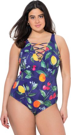 Ulla Popken Damen große Größen Übergrößen Plus Size Badeanzug, Früchte, Softcups, Schnürung, recycelt Nachtblau 52 837574850-52