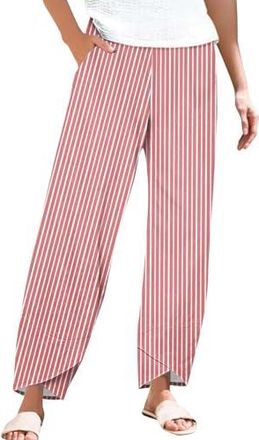 Generic Pantalon Leger Ete Femme Fluide Ample en Lin pour Pantalon en Lin Ray&eacute; pour Femme D&Eacute;t&eacute; D&eacute;contract&eacute; &Agrave; Jambes Larges avec Poches Court et Baggy Taille H