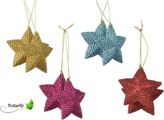 Kaemingk KAE Weihnachtsschmuck Sterne mit Glitzer Kunststoff 7cm x 2 Stück Anhänger rot pink