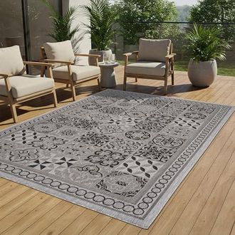 Tapiso Melissa Tapis Ext&eacute;rieur Int&eacute;rieur Terrasse Balcon Salon Cuisine Moderne Gris Noir Mouchet&eacute; Mosa&iuml;que Aspect Sisal R&eacute;sistant aux Intemp&eacute;ries Oeko-TEX 60