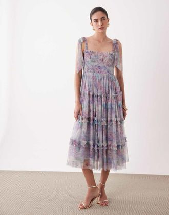 Lace & Beads Robe fronc&eacute;e mi-longue &agrave; imprim&eacute; abstrait avec volants et &eacute;paules nou&eacute;es - Violet-Multicolore