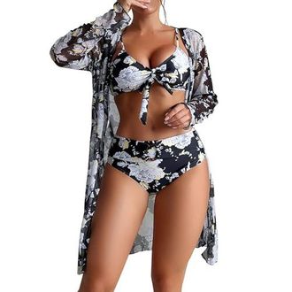 Generic T Shirt Pack Femme Sexy Multicolore Imprim&eacute; Soutien Gorge sans Support en Acier Ensemble Trois Pi&egrave;ces Bikini Grandes Tailles Femme, Noir, XL