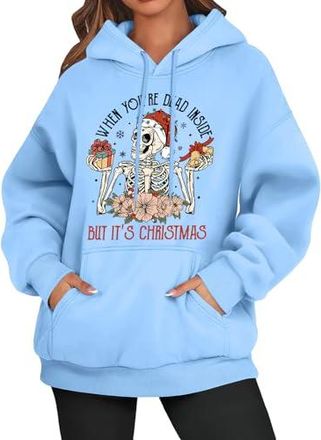 Generic Sweat &agrave; capuche de No&euml;l pour femme, imprim&eacute; squelette, manches longues avec cordon de serrage, hauts d&eacute;contract&eacute;s | pour le voyage, bleu clair, S