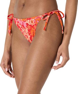 Amazon Essentials Damen Bikiniunterteil mit seitlicher Schnürung, Hellrot Mehrfarbig Folk-Blumenmuster, 40