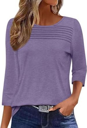 Onsoyours Tee Shirt Femme Manches 3/4 Plissé Col Rond T-Shirt Ete Décontracté Haut Basic Top A Violet Clair XL