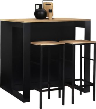 IDMarket Bartisch Insel Juno Holz schwarz mit Platte in Buche-Optik und 2 Barhockern Detroit